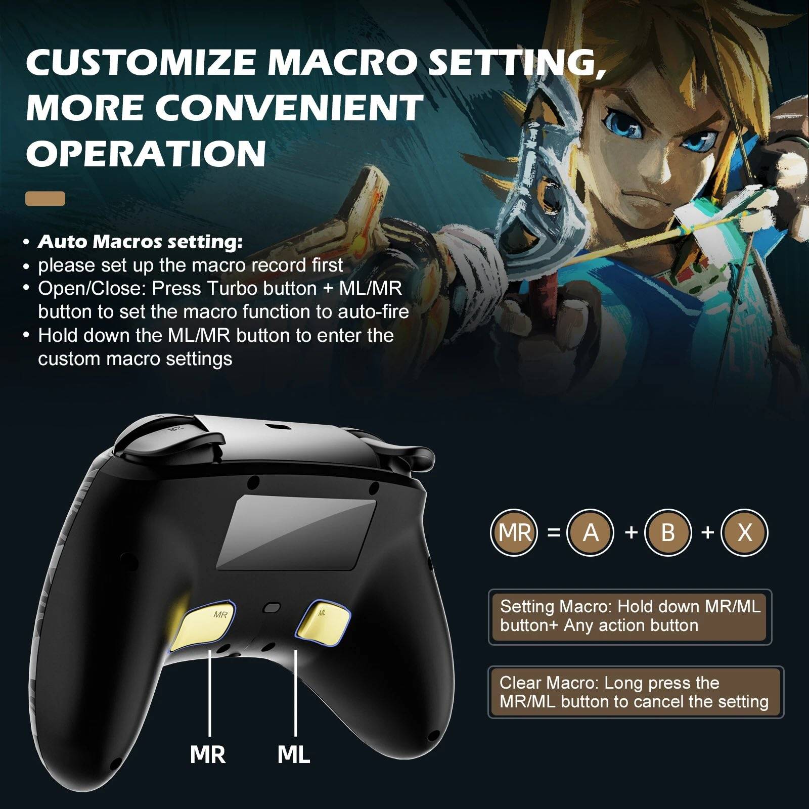 IINE L760 Ares Wireless Pro Controller with Headset Jack RGB Light for Switch- Zelda Black