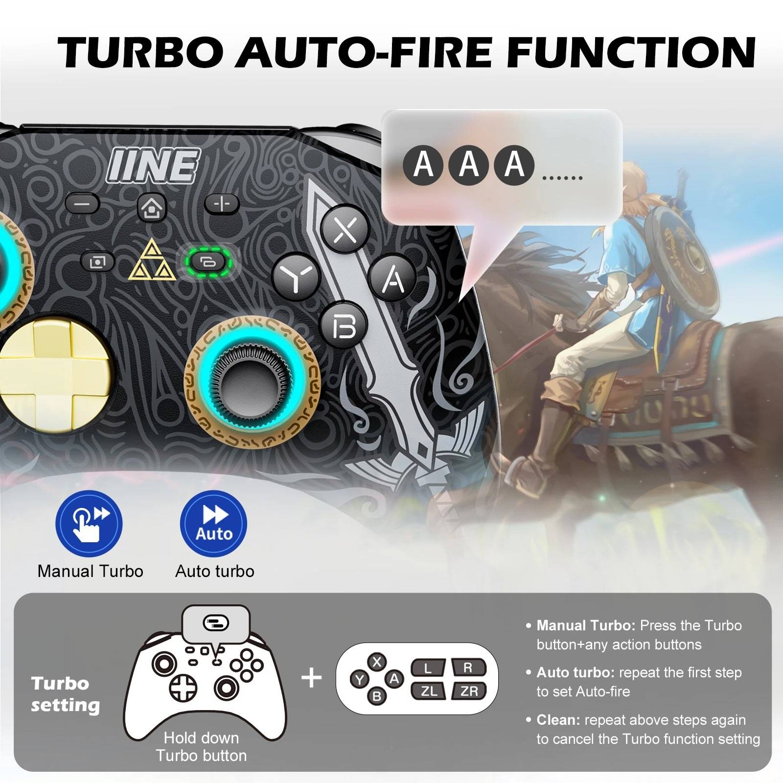 IINE L760 Ares Wireless Pro Controller with Headset Jack RGB Light for Switch- Zelda Black